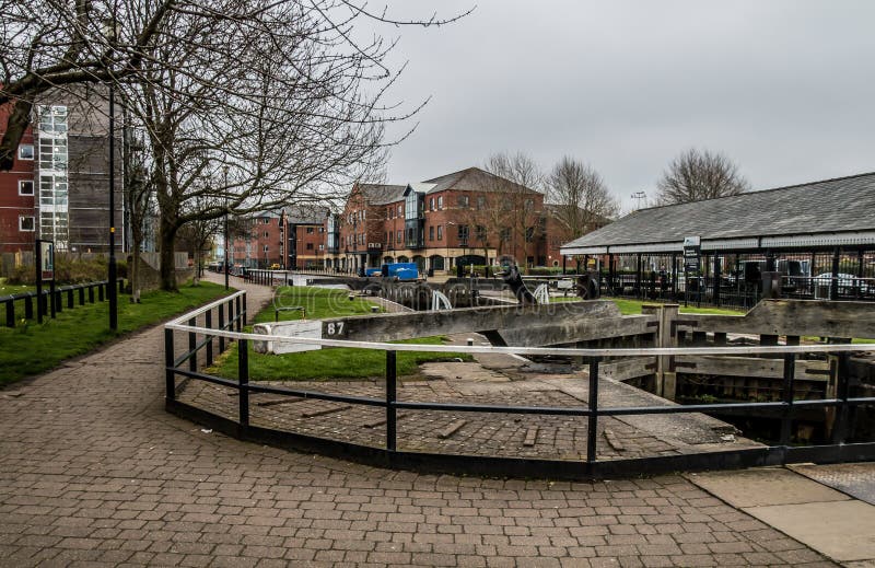 Curved Path and Locks stock image. Image of barge, pier - 114222121