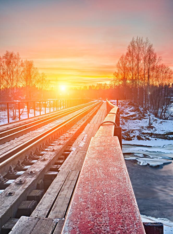 Curved railroad in sunset stock image. Image of railway - 86315661