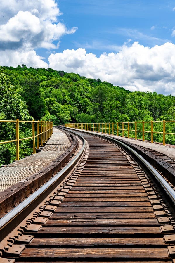 Curved Railway in Lush Forest Under Blue Sky. Stock Image - Image of ...