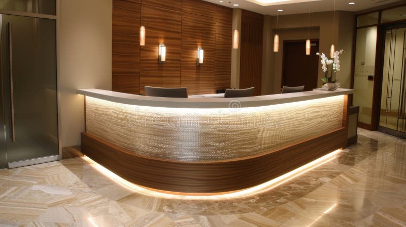A Curved Reception Desk with Elegant Lighting Fixtures Adding a Touch ...