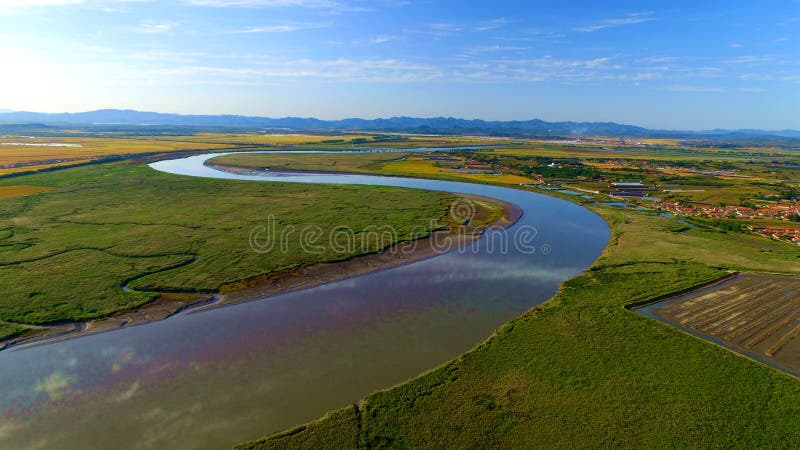 Curved River on Meadow and Mountain Lake Stock Image - Image of river ...