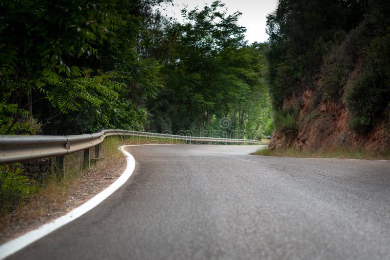 A Curved Road in the Forest with White Lines Stock Photo - Image of ...