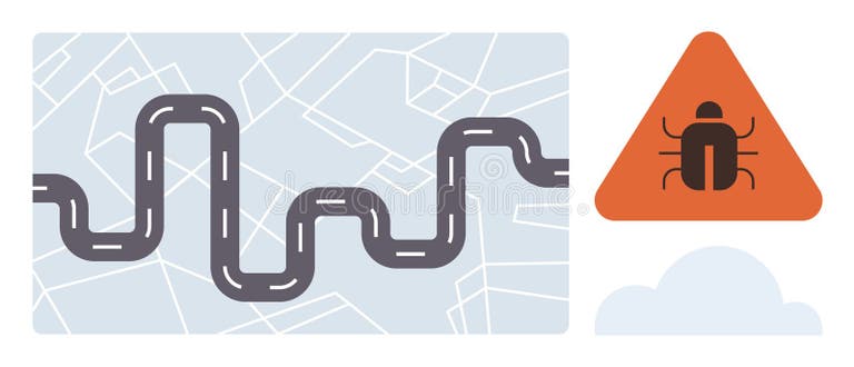 Curved Road with Map Background and Bug Alert on Triangular Warning ...