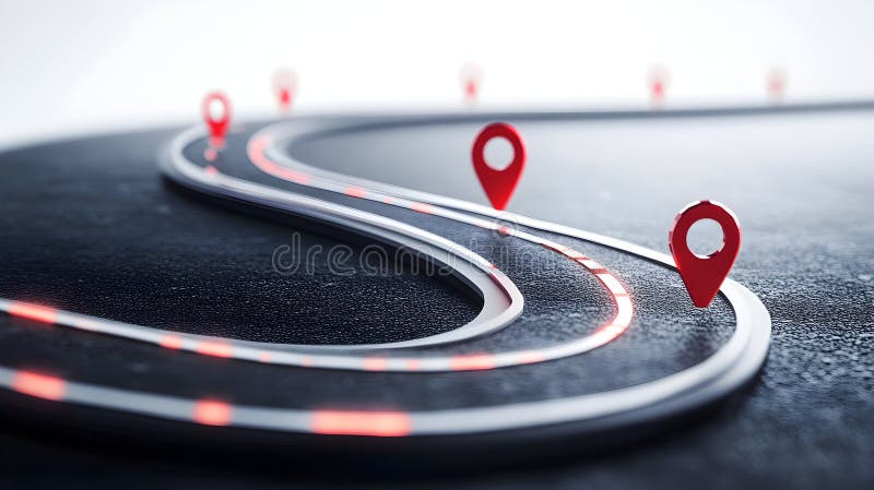 Curved Road with Red Location Markers Indicating Navigation Pathway ...