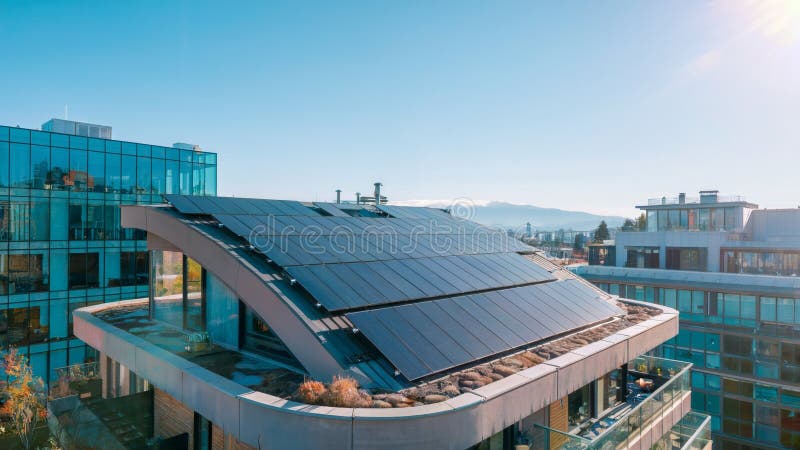 Curved Rooftop Solar Array on a Modern Vancouver Building Showcasing ...