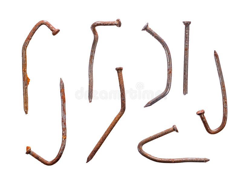 Old Used and Deformed Nails, Rusted and Oxidized Close-up, Isolated on ...