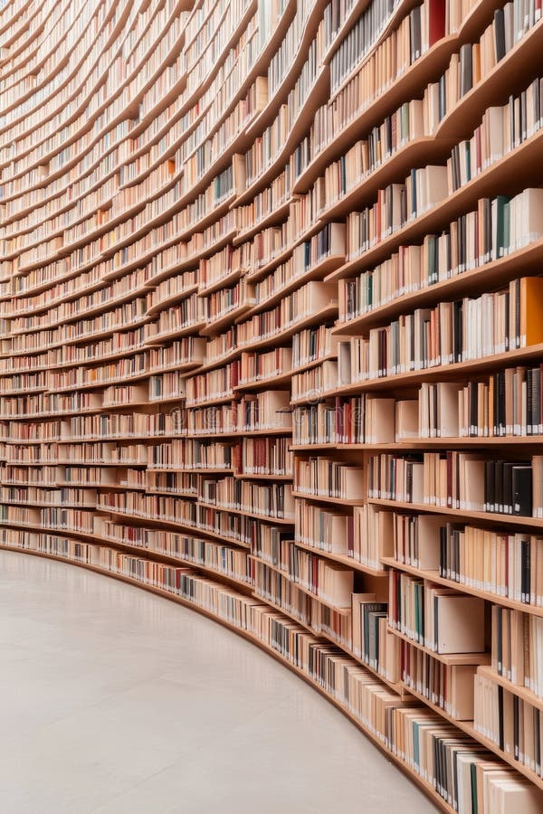 Curved Shelves in a Contemporary Library Display a Vast Array of Books ...