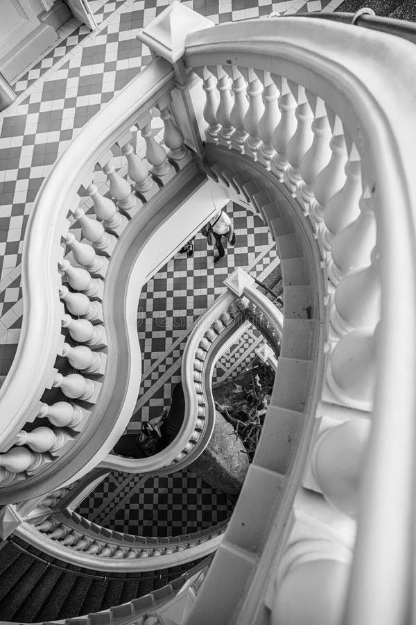 Curved Staircase Interior with Ornate Railings.. Stock Image - Image of ...