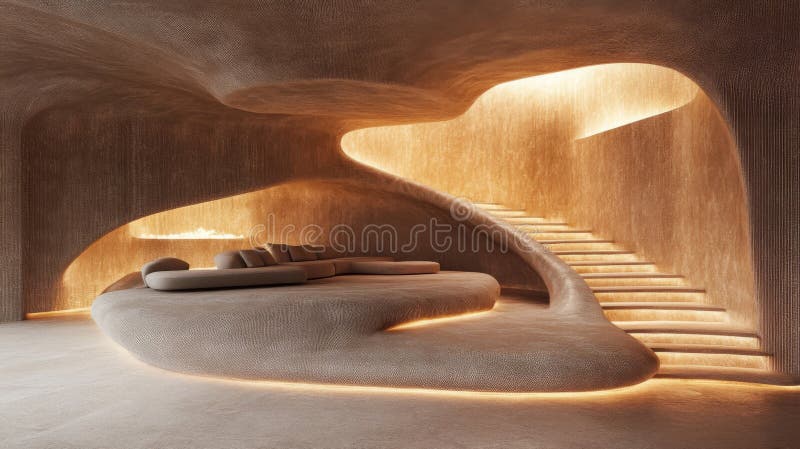 Curved Staircase and Organic Textured Walls in a Modern Interior Stock ...