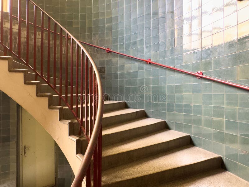 Curved Staircase with Red Railing in Tiled Interior Stock Illustration ...