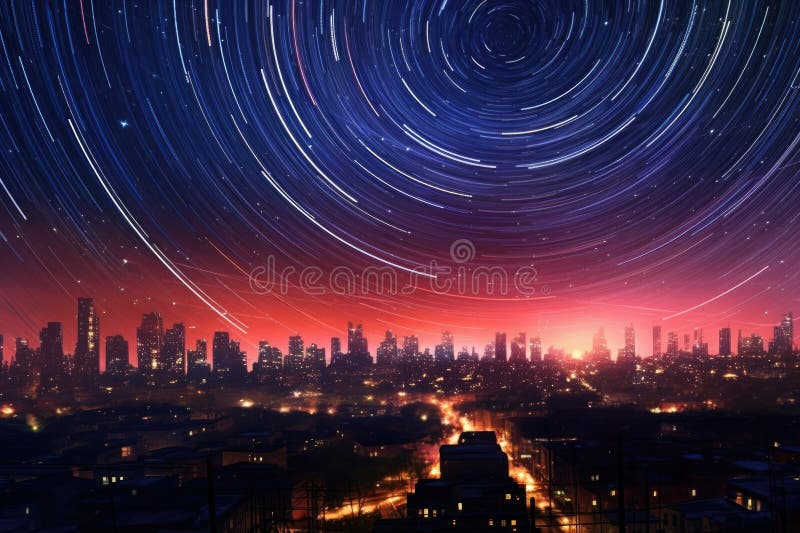 Curved Star Trails Over a City Skyline at Night Stock Illustration ...