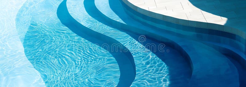 Curved Steps Leading into Crystal Clear Blue Pool Water with Sunlight ...