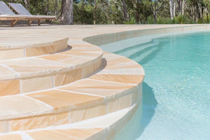 Curved Stone Pool Steps in Sunny Outdoor Setting by Trees Stock Photo ...
