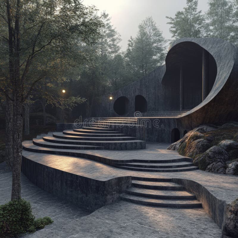 Curved Stone Staircase in Forested Area with Modern Architectural ...