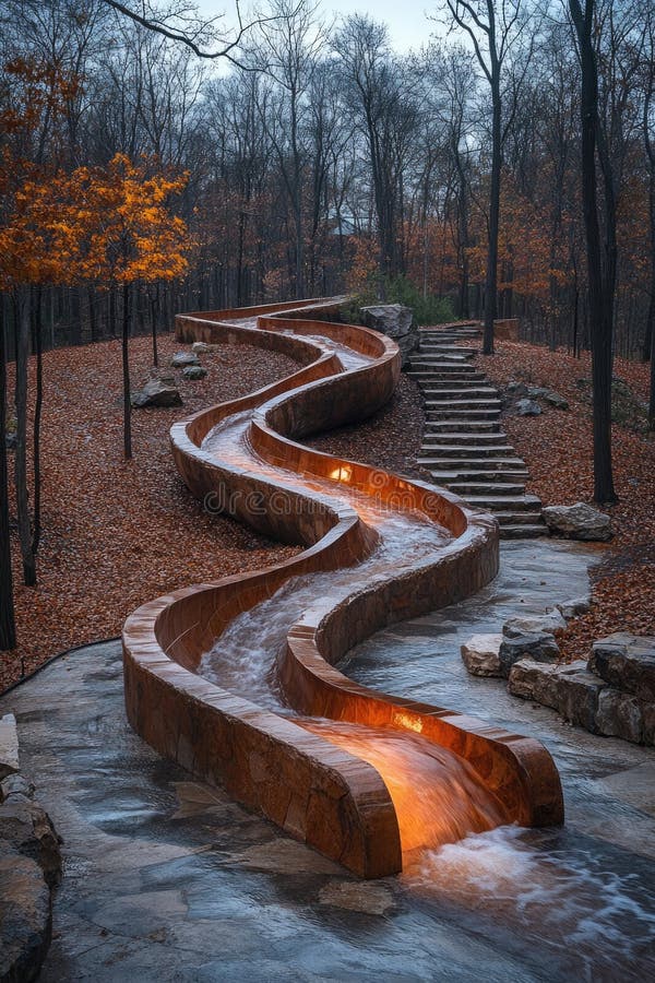 A Curved Stone Walkway with Lit Lights in the Middle, Perfect for ...