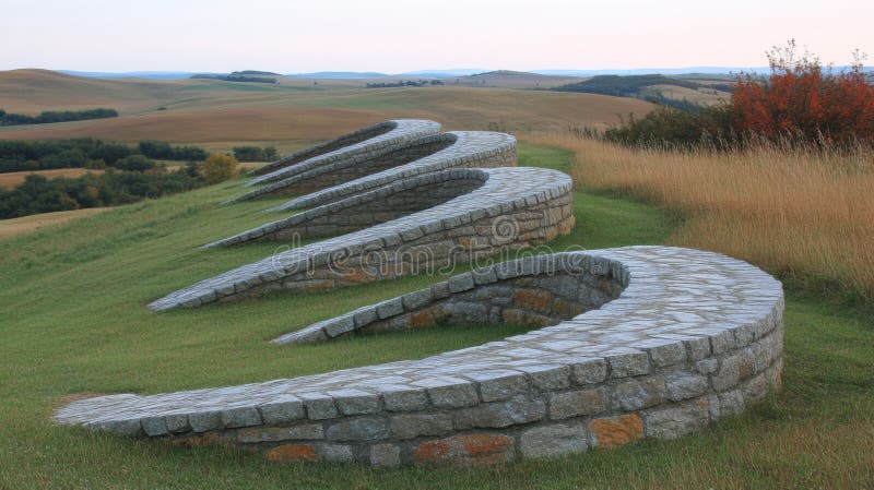 Curved Stone Wall Sculpture in a Rolling Green Landscape Stock Image ...