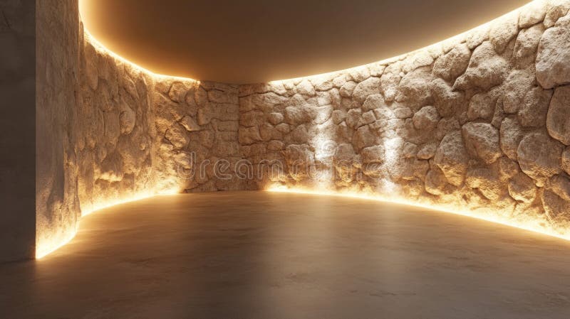 Curved Stone Walls with Warm Ambient Lighting in Modern Interior Stock ...