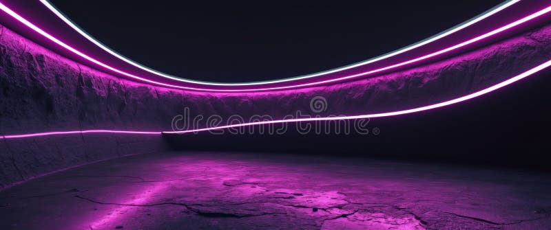 Curved Surface with Bright Neon Lights Reflecting on Textured Stone ...