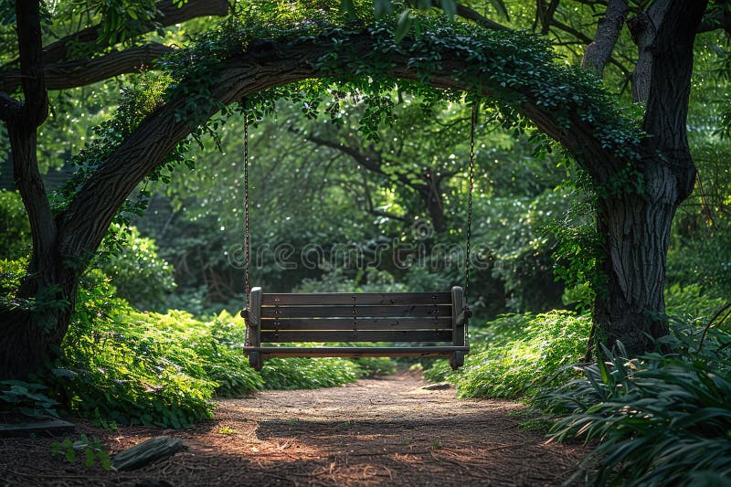 Curved Swing Bench Hanging from the Bough of a Tree in a Lush Garden ...