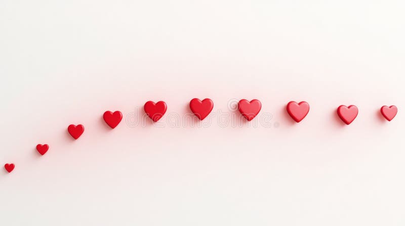 A Curved Trail of Red Hearts on a Plain White Background Gradually ...