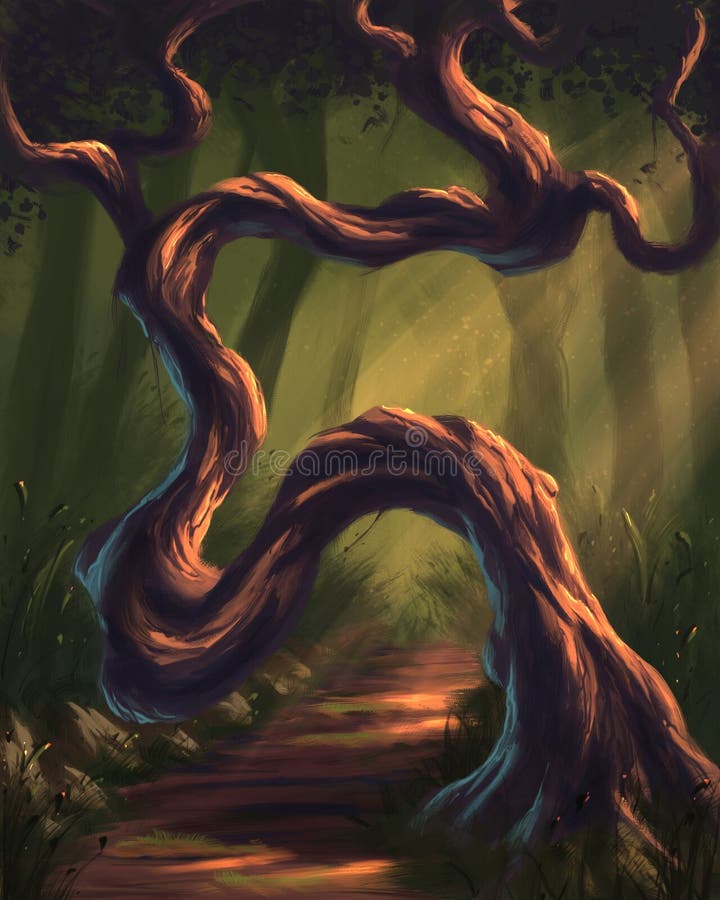 Curved Tree in the Forest Drawing Stock Illustration - Illustration of ...