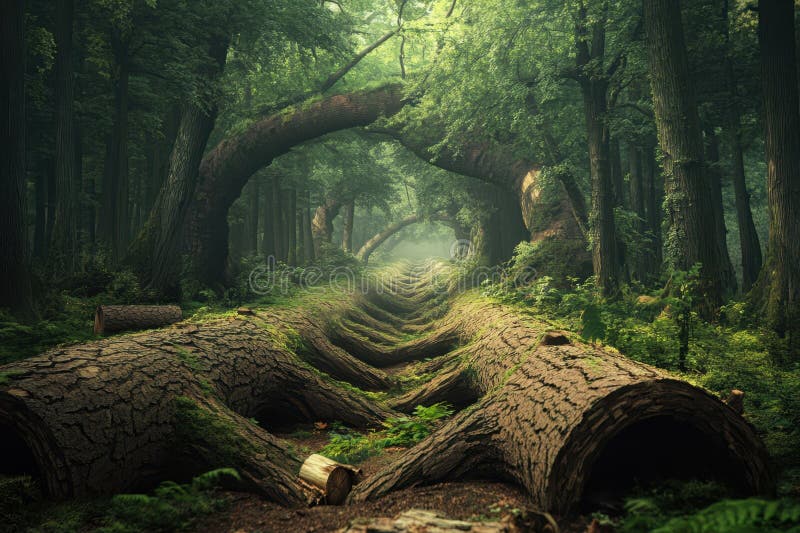 Curved Tree Trunks Create a Mystical Pathway through a Lush Forest in ...