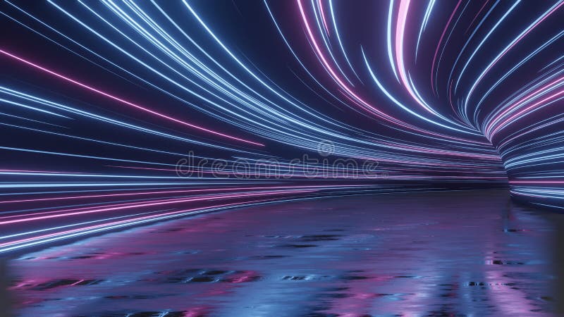 Curved Tunnel with Led Glowing Lights on Ceiling and Reflection from ...