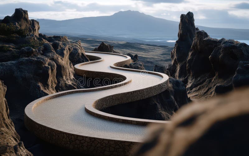 A Curved Walkway Ascends a Hill, Framed by a Majestic Mountain in the ...