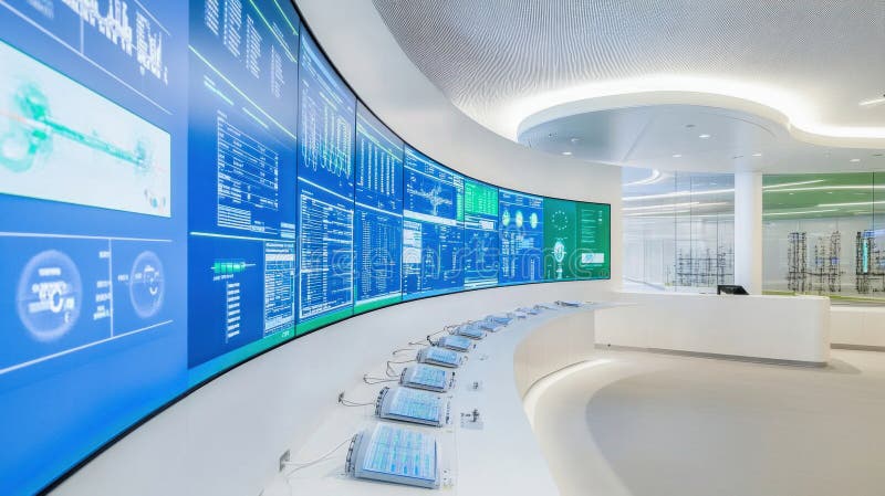 Curved Wall Displaying Various Data and Statistics in a Modern Control ...