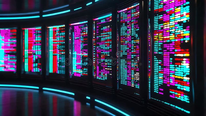 Curved Wall with Glowing Screens Displaying Colorful Code in Dark Room Stock Video - Video of ...