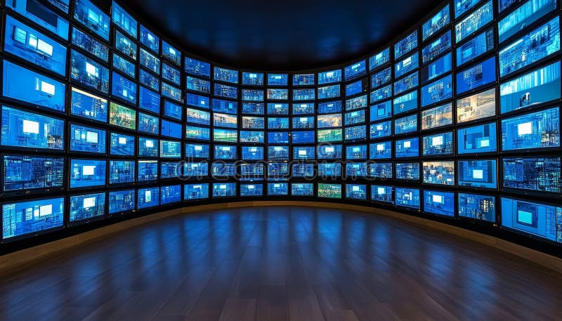 Curved Wall of Video Surveillance Monitors Displaying Security Footage ...