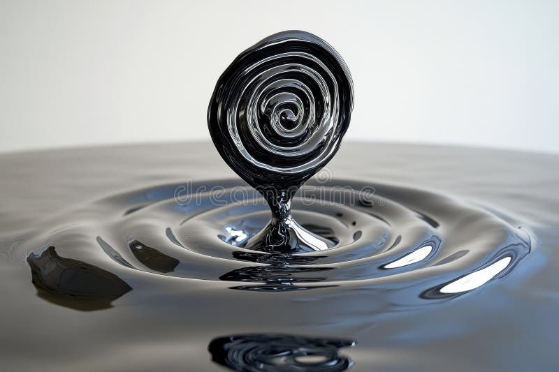 Curved Water Droplet Creating Concentric Ripples in a Dark Reflective ...
