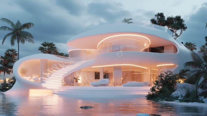 Curved White Futuristic House at Night Stock Illustration ...