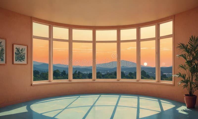 Curved Window with Panoramic View Mountain Range and Sunset, Framed by ...