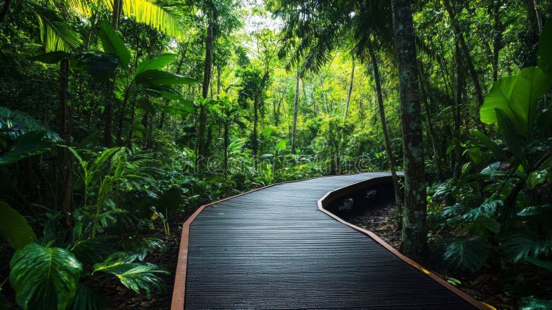Curved Wooden Path through Lush Green Tropical Forest Stock ...