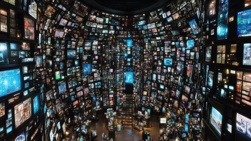 A Curvilinear Array of Numerous Screens Displays Diverse Visual Data ...