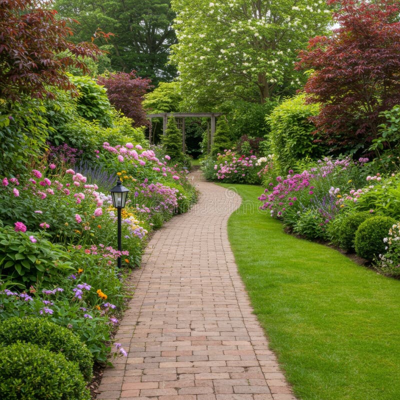 Curving Brick Path through a Lush Flower Garden Stock Illustration ...