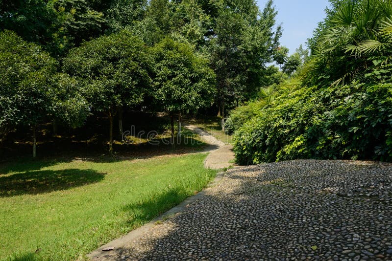 Curving Cobblestone Path on Slopes in Plants of Sunny Summer Stock ...