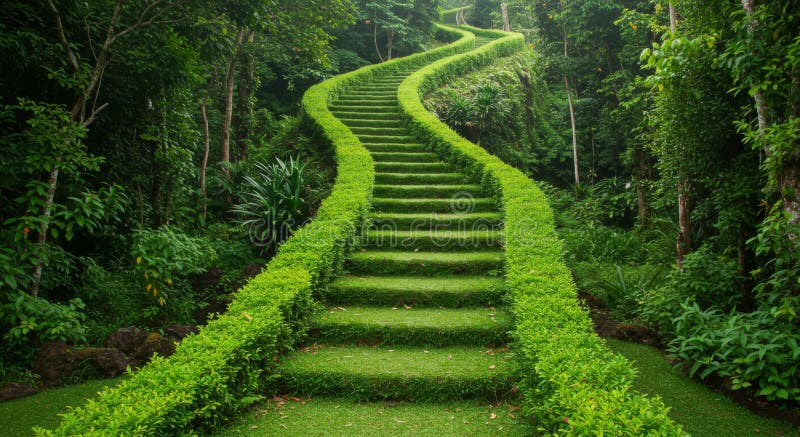 Curving Green Staircase Path through Lush Tropical Garden Stock ...