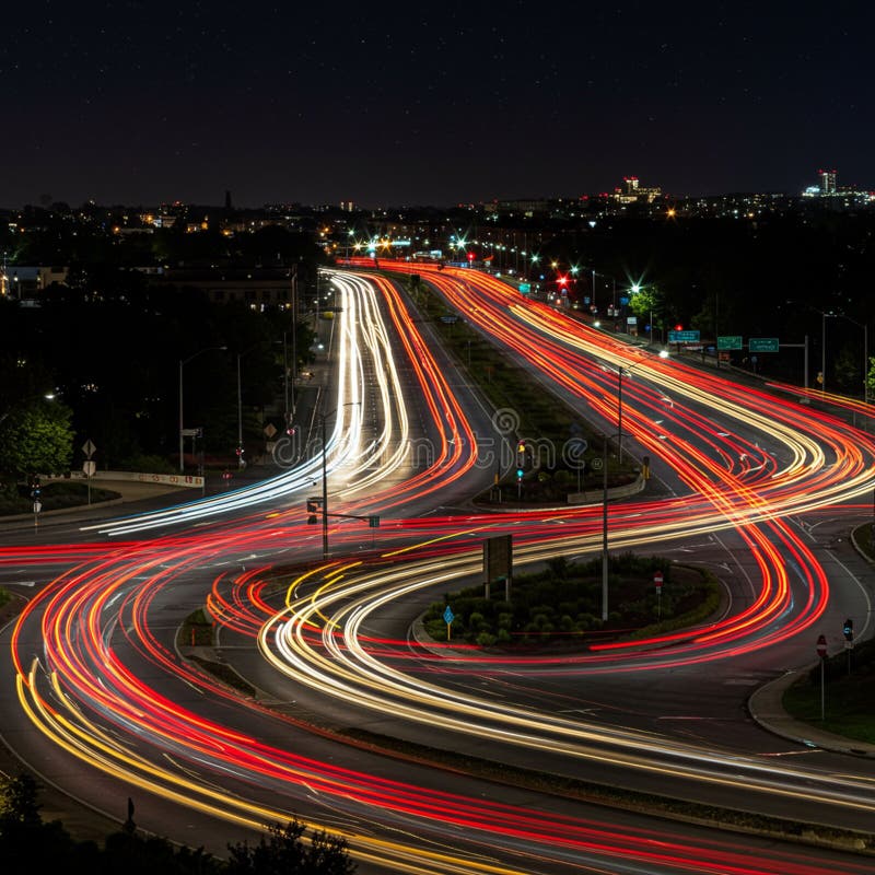 Curving Light Trails of Vehicles Navigate a Busy Highway Intersection ...