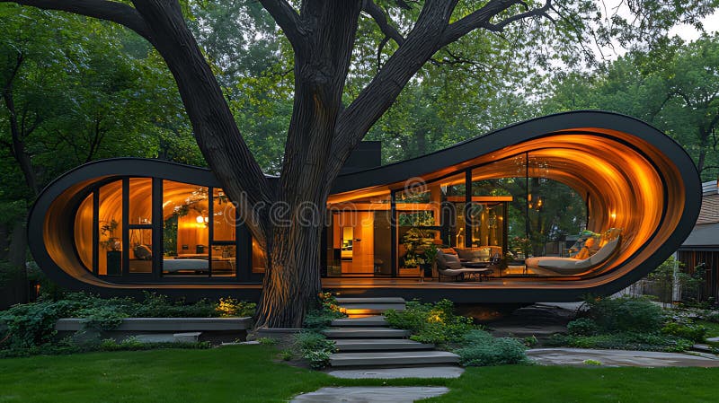 Curving Modern Home Nestled in Trees at Night Stock Illustration ...