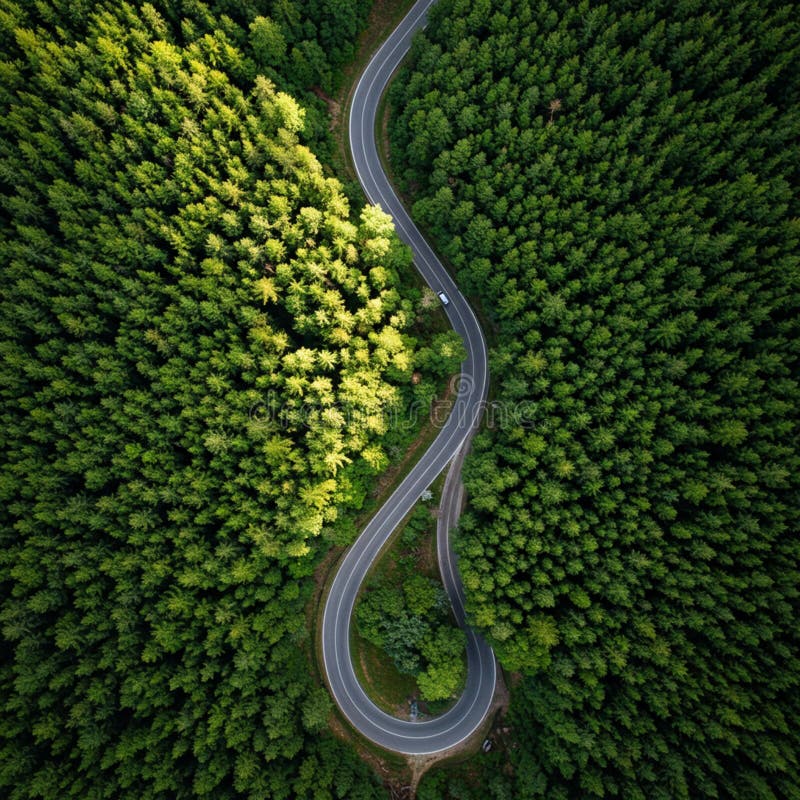 Curving Road Cuts through Dense Green Forest, Forming an S-shape. the ...