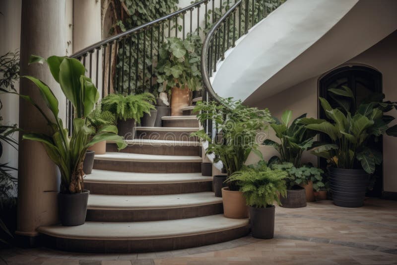 Curving Staircase, with Potted Plants and Greenery on Each Step Stock ...