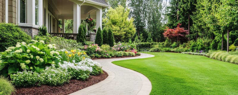 Curving Stone Path, Lush Garden Landscape Design, Hydrangeas ...