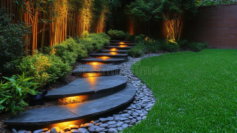 Curving Stone Pathway Illuminated at Night in a Lush Garden Stock Image ...