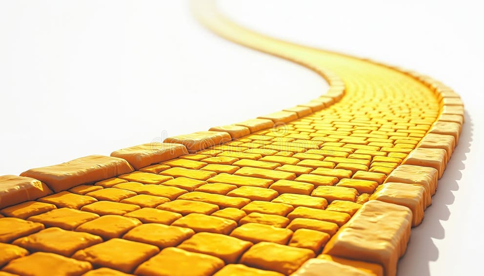 Curving Yellow Brick Road Path with White Background. Textured Pavement ...