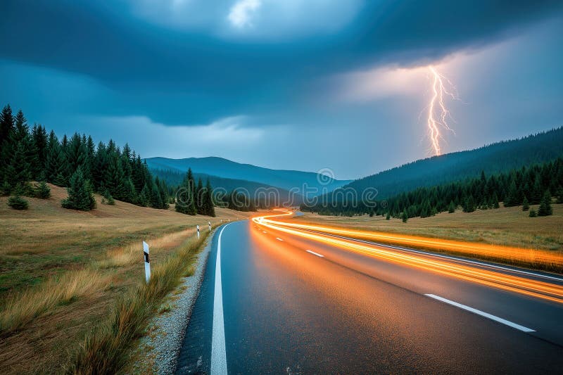 Curvy Mountain Road during Storm with Lightning Striking in the ...
