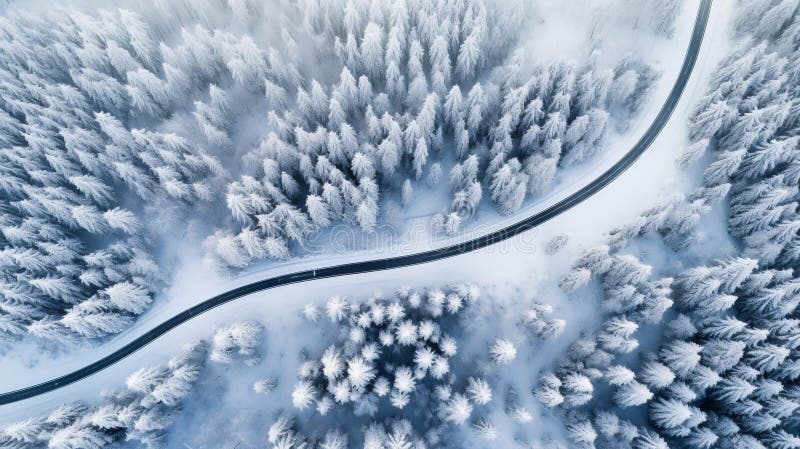 Curvy Road from Above, in the Middle of a Snow Covered Forest Stock ...