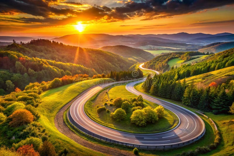 Curvy Road with Sunset Landscape Stock Illustration - Illustration of ...