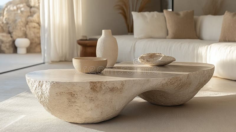 Curvy Stone Coffee Table with Rounded Edges in a Softly Lit Modern ...